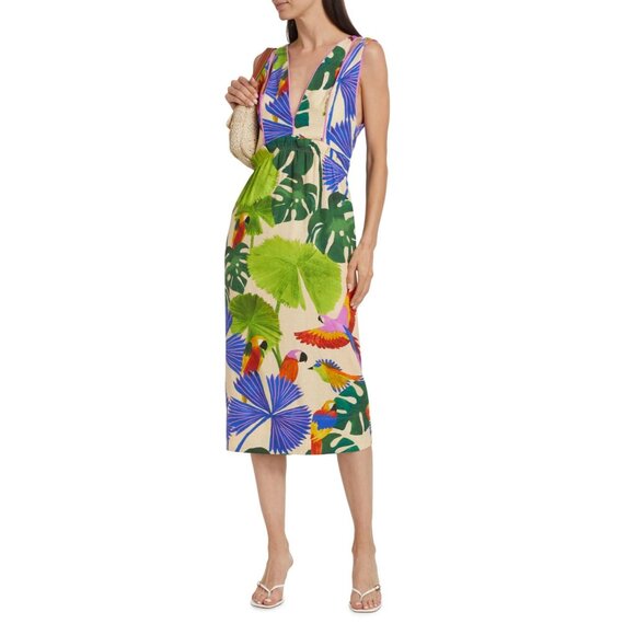FARM Rio | Dresses | Farm Rio Macaw Jungle Vneck Midi Linen Dress Nwt ...